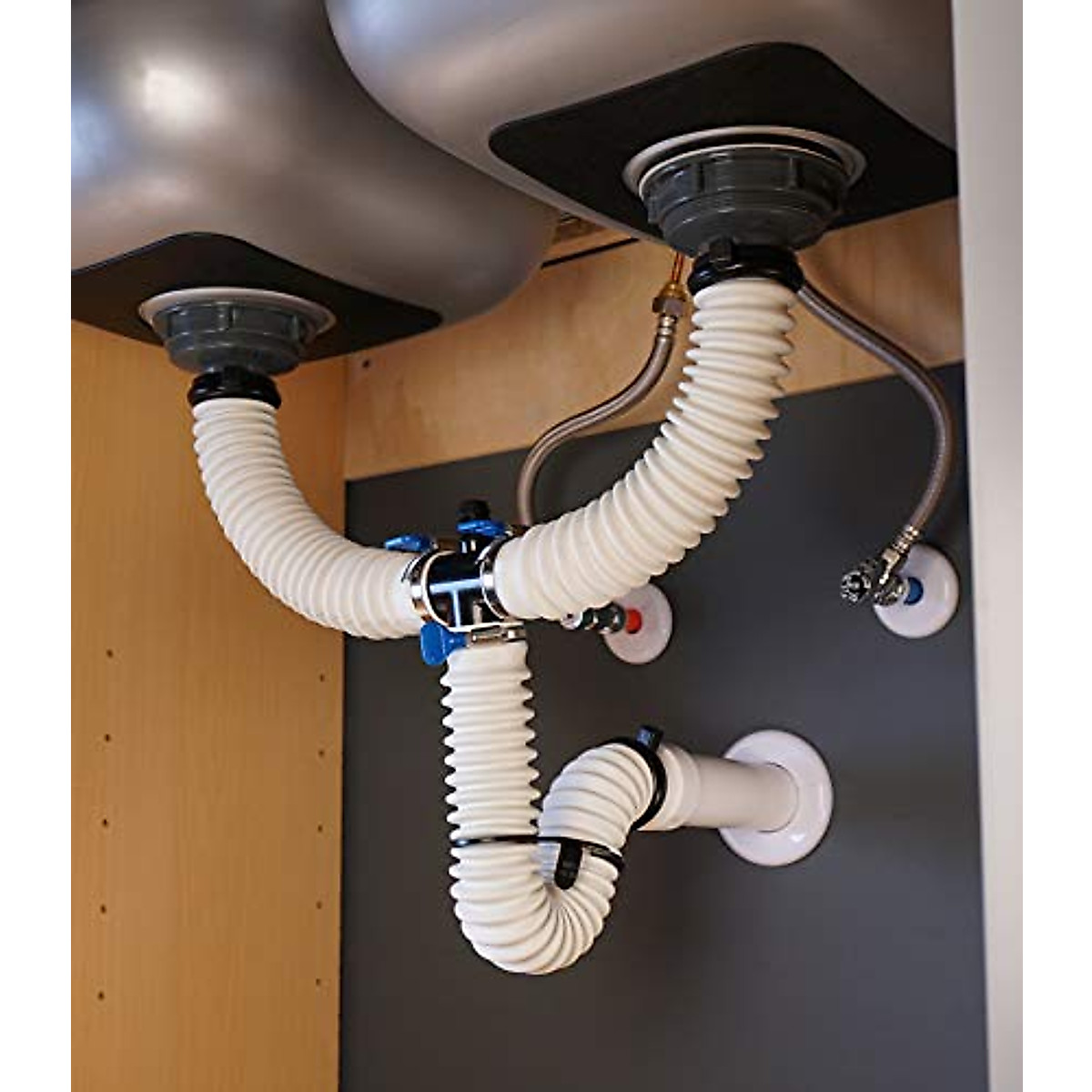 OHIO SUPPLY Double Basin Simple Drain-Flexible Rubber Trap and Connectors For 2-Bowl Standard or Disposal Sink Drains, White