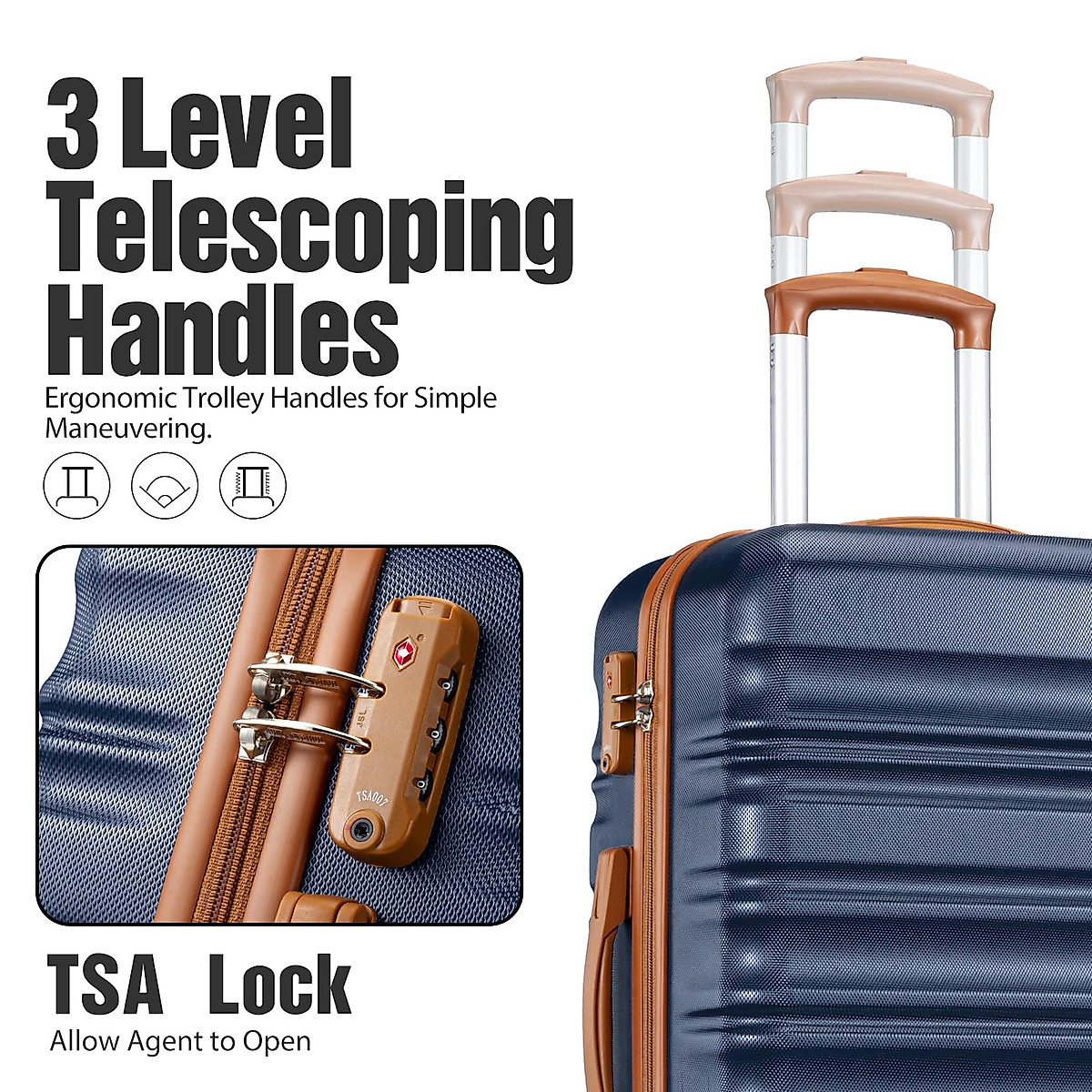 LONG VACATION Luggage Sets 20 IN Carry on Suitcase ABS Handshell Luggage 3 Piece Set with TSA Lock Spinner Wheels (NAVY, 20-Inch)