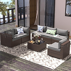 VONZOY Patio Furniture Set 7 Pieces Outdoor Sectional Rattan Sofa Set, PE Rattan Wicker Patio Conversation Set with 6 Seat Cushions and 1 Tempered Glass Table and Furniture Cover, Dark Grey