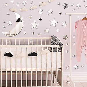 Zonon 61 Pieces Acrylic Star Mirror Wall Stickers Moon Stars Wall Decal Silver Mirror Sticker Decors Removable Star Mirror Stickers for Kids Boy Girls Baby Room Good Night House Nursery Home Bedroom