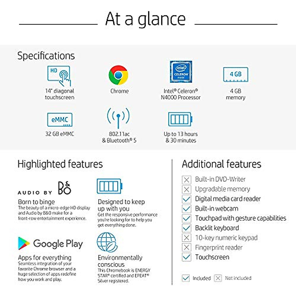 HP 14in Touchscreen Chromebook Intel Celeron N4000 4GB RAM 32GB eMMC Chrome OS14a-na0030nr Mineral Silver (Renewed)