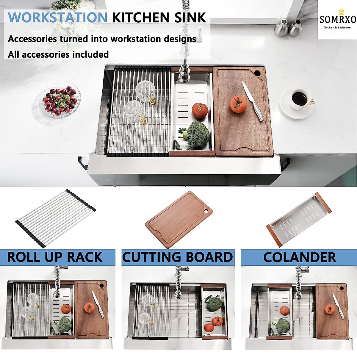 33 Inch Stainless Steel Farmhouse Sink-SOMRXO 30"×22" Flat Apron Front Farmhouse Kitchen Sink Workstation Ledge 16 Gauge SUS304 Stainless Steel Kitchen Sink Offset Drain Single Bowl Kitchen Sink