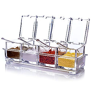 ME.FAN Clear Seasoning Rack Spice Pots - 4 Piece Acrylic Seasoning Box - Storage Container Condiment Jars - Cruet with Cover and Spoon