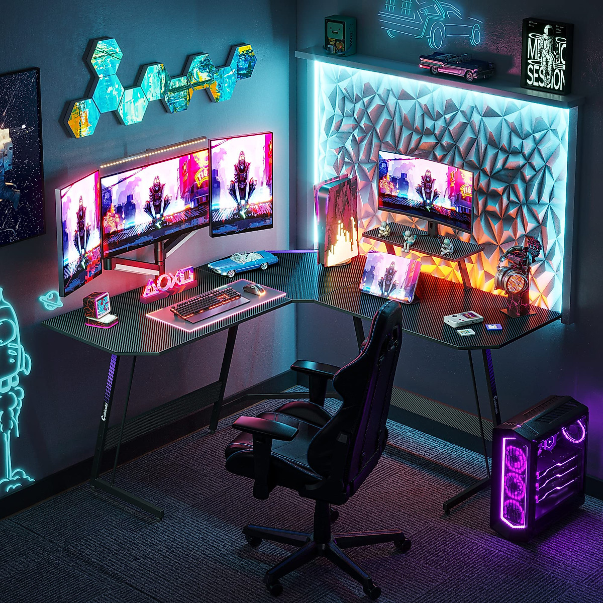 CubiCubi 53 inch Diamon L Shaped Gaming Desk Gamer Workstation, Home Computer Carbon Fiber Surface Corner Gaming Desk PC Table with Cable Tray