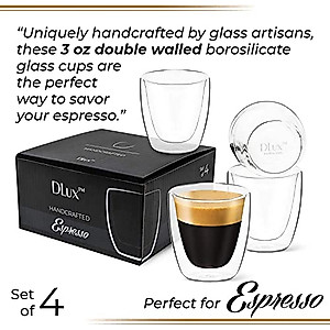 DLux Espresso Coffee Cups 3oz, Double Wall, Clear Glass set of 4 Glasses, Insulated Borosilicate Glassware Tea Cup