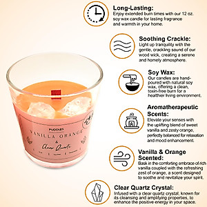 Vanilla and Orange Scented Soy Candle with Clear Quartz Crystals - Extra Large 12 oz, Long-Lasting, Wooden Wick, Calming, Relaxing Crackle by Puddles