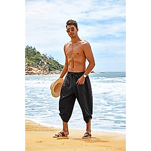 COOFANDY Men's Linen Pants Casual Drawstring Harem Trousers Lightweight Yoga Beach Pants with Pockets Black