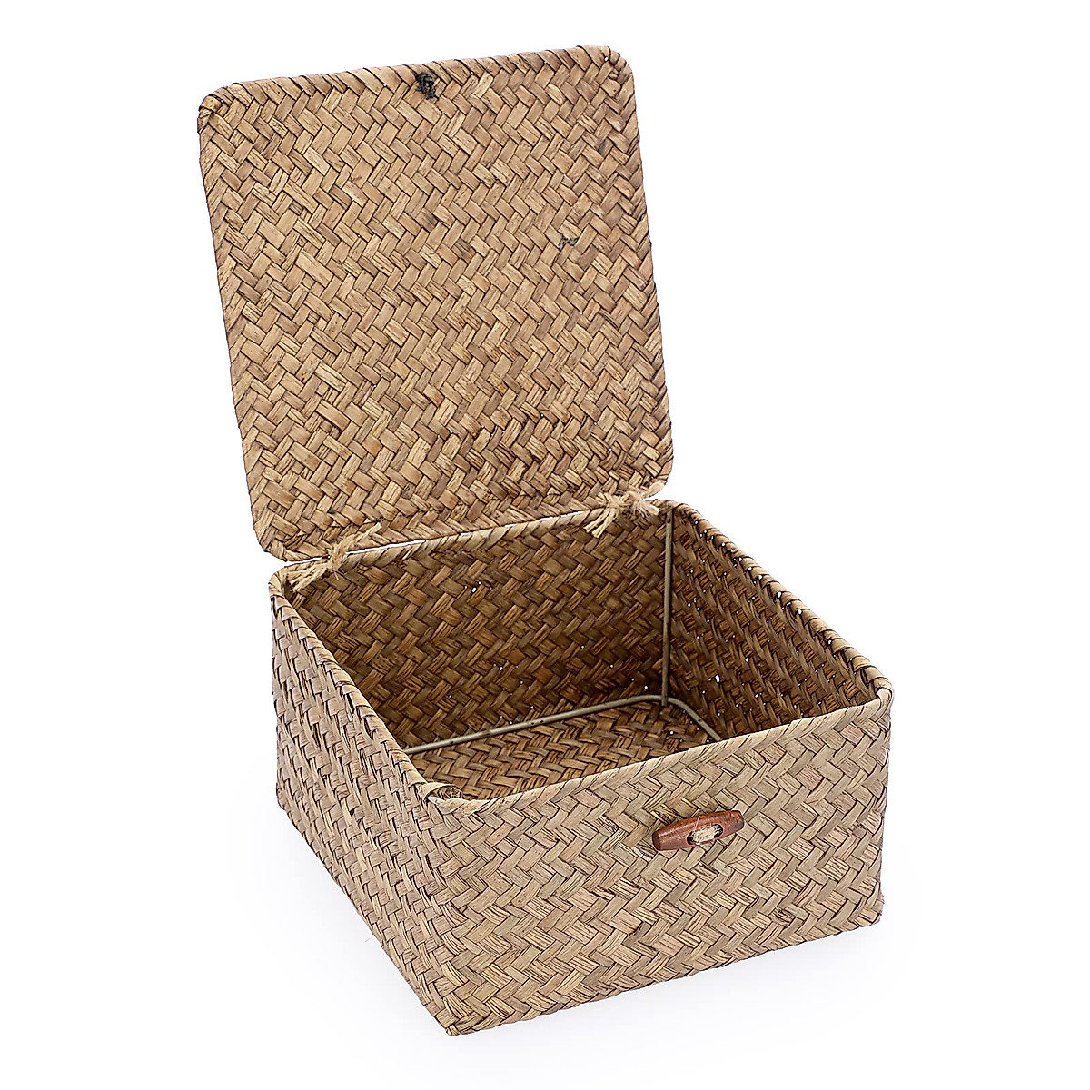 Hipiwe Wicker Shelf Baskets Bin with Lid Handwoven Seagrass Storage Basket Container Square Multipurpose Household Basket Boxes for Shelves and Home Organizer, Coffee Small