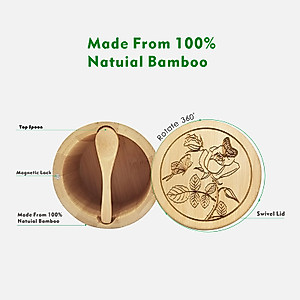 ThougrLyh Bamboo Salt Cellar Box Container Bowl with Lid and Spoon Kitchen Spice Cellars Salt Holder Saver Jar with Swivel Magnetic Lid to Storage Salt Pepper Seasonings