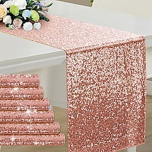 RUDONG M 6 Pack Rose Gold Sequin Table Runner 12 x 108 Inch, Rectangle Glitter Table Runner Dining Table Centerpiece Decorations for Weddings, Banquet, Holiday, Birthday Party