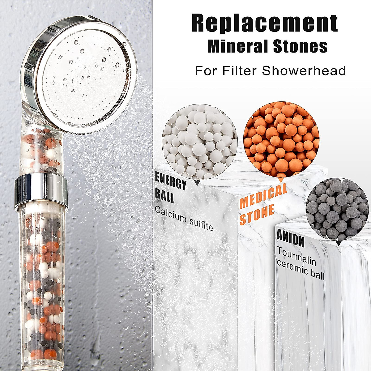 Replacement Shower Filter Beads Anion Mineral Balls Purifying Stones for Purifying Water Filter Shower Head 3 Kinds (6 Packs,Diameter 7-8 mm)