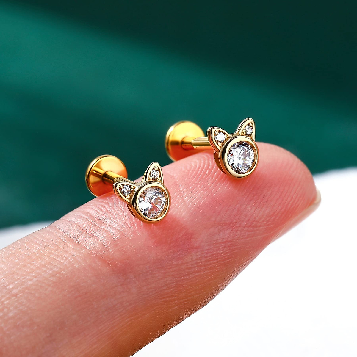 COCHARM 14K Gold Cartilage Earring Stud Yellow Gold 16g Flat Back Cartilage Stud 14K Solid Gold Push in Cartilage Piercing Stud Cat Labret Stud Gold Medusa Studs