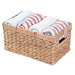 Natural Woven Water Hyacinth Wicker Rectangular Storage Bin Basket with Handles, Small