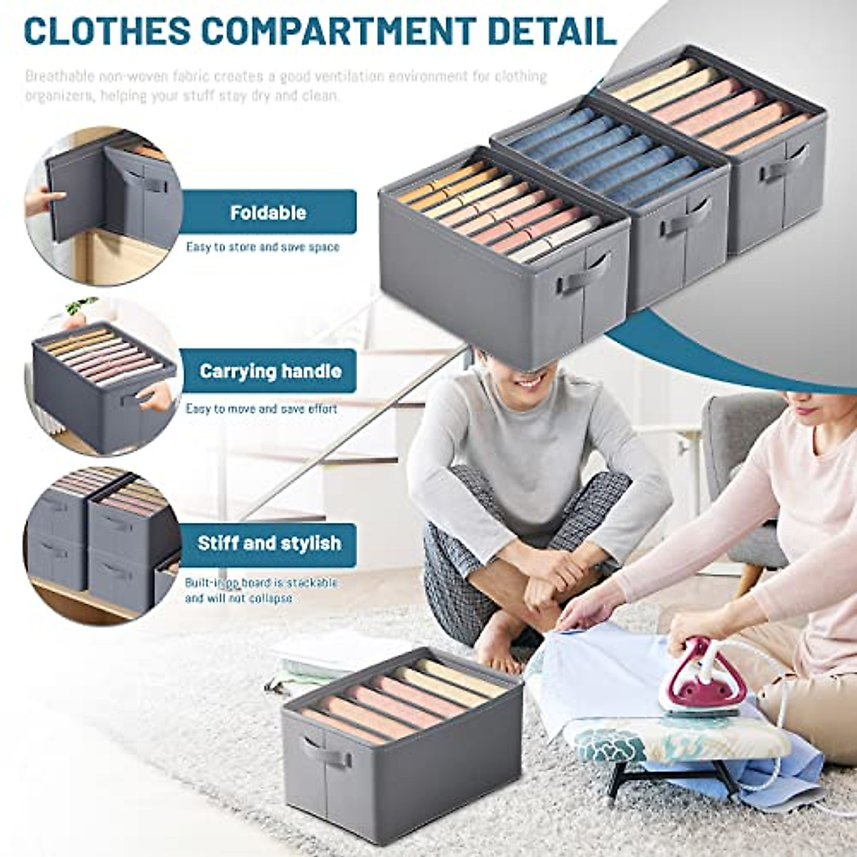 LELE LIFE 3Pcs 6/7/9 Grids Wardrobe Clothes Organizer, Large Drawer Organizers for Clothing, Foldable Jeans Organizer for Closet with Handle and Built-in PP Board, Clothes Organizer for Folded Clothes