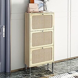 Rattan 3-Drawer Shoe Cabinet Rustic Freestanding Shoe Rack Organizer Wooden Entryway Narrow Shoe Storage Cabinet w/Natural Rattan Flip Doors for Closet Hallway Small Space(1 Pack-Natural)