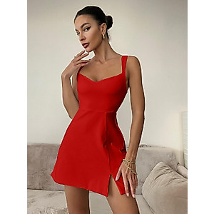 GOKATOSAU Women's Sleeveless Sweetheart Neckline A-line Split Bodycon Mini Dress Red