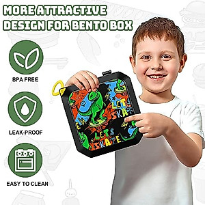 Itslife Bento Lunch Box for Kids, 3-5 Compartment with Leak Proof, 35oz Lunch Containers for Toddler, Dishwasher Safe, BPA Free, Ideal Portion 10 Designs for Kids School Gift (Black Dinosaur)