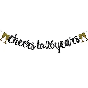 Cheers To 26 Years Banner,Pre-Strung, Black Paper Glitter Party Decorations For 26TH Wedding Anniversary 26 Years Old 26TH Birthday Party Supplies Letters Black ZHAOFEIHN
