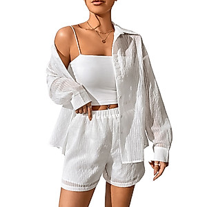 Verdusa Women's 2 Piece Outfit Sheer See Through Long Sleeve Button Up Shirt Blouse Top and High Waist Short Sets White S