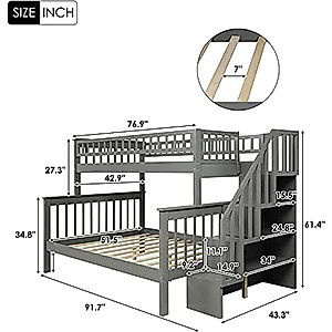 STP-Y Bunk Beds Twin Over Twin Wood Bunk Bed Frame for Boys Girls Teens, Can be Divided into 2 Beds, Gray (Color : Grey, Size : Twin Over Full)