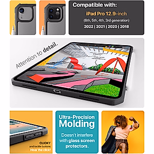 TineeOwl iPad Pro 12.9 inch Case 2022, 2021, 2020, 2018 (6th, 5th, 4th & 3rd Generation) Ultra Thin Matte Clear, Supports Apple Pencil Wireless Charging, Absorbs Shock (Black/Matte Back)