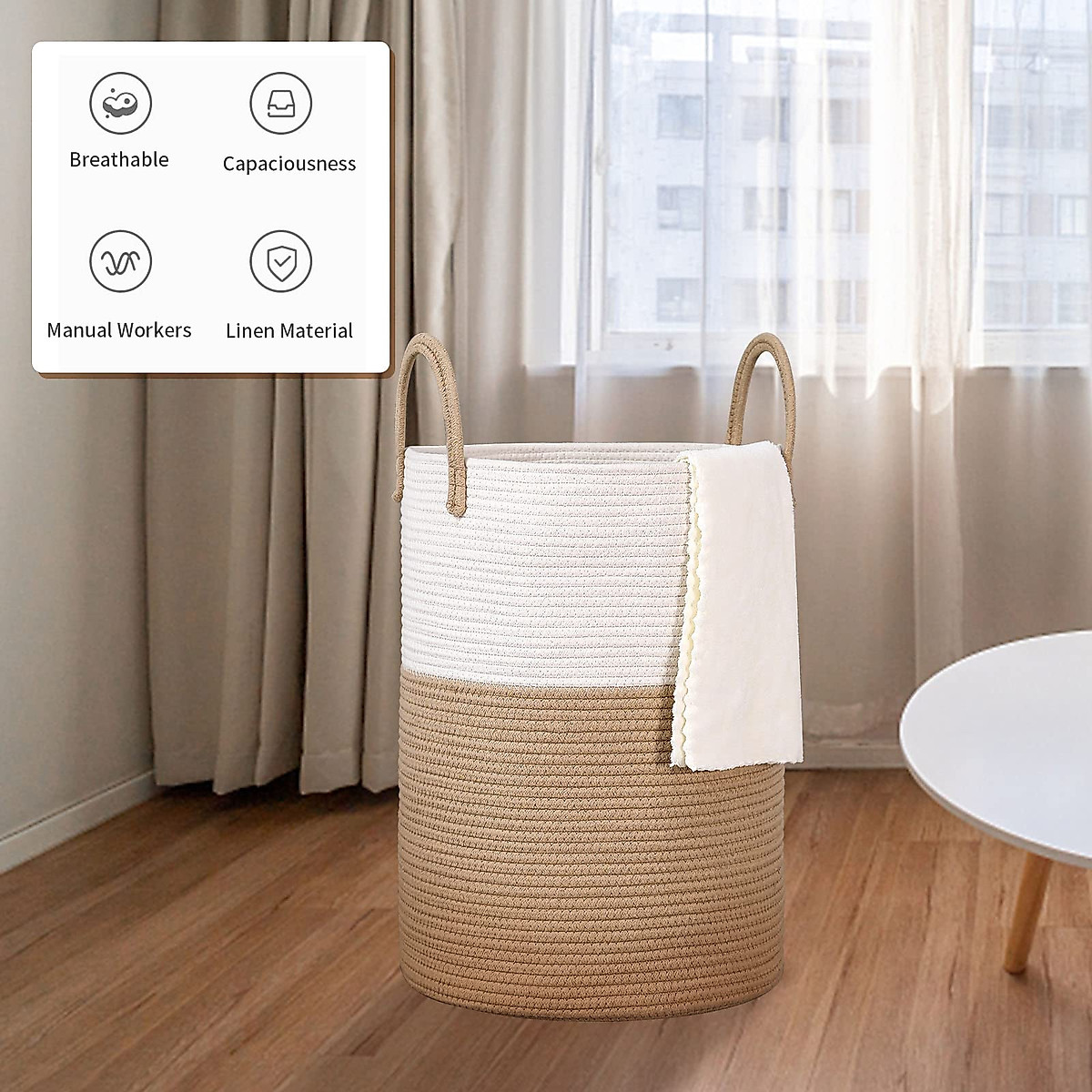 Tall Laundry Basket, Large Woven Basket Cotton Rope Dirty Clothes Hamper with Handle for Blanket, Nursery Clothes Hamper Basket(63L)