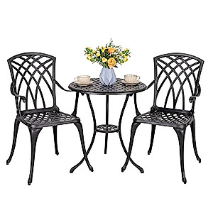 NUU GARDEN Patio Bistro Sets 3 Piece Cast Aluminum Bistro Table and Chairs Set with Umbrella Hole Bistro Set of 2 for Patio Backyard, Black