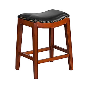 Flash Furniture Alphus 26'' High Backless Light Cherry Wood Counter Height Stool with Black LeatherSoft Saddle Seat