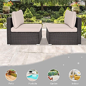 HAPPYGRILL 2PCS Patio Armless Sofa Set Outdoor Rattan Wicker Sectional Sofa Chairs with Cushions for Garden Balcony Patio Poolside