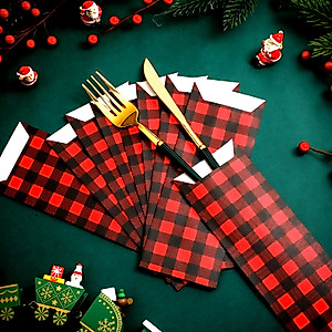 100 Pieces Christmas Paper Utensil Cutlery Holders Knife Forks Pouch Bags Disposable Buffalo Plaid Xmas Silverware Bags for Christmas Home Wedding Festival Parties Restaurant Kitchen Travel