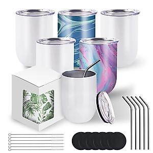 BetterSub 6 Sets 12oz Sublimation Blanks Wine Tumblers Straight, Double Wall Insulated Stainless Steel Tumblers Bulk Stemless Wine Tumbler Cup with Lid, Metal Straw, Brush, Display Box, White