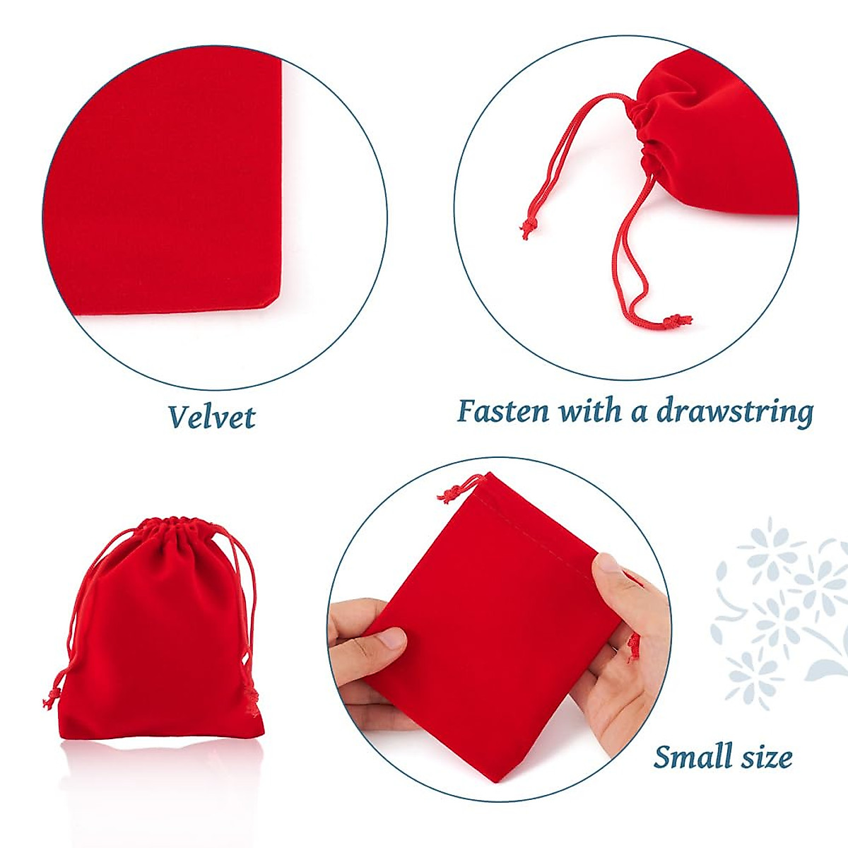 FASHEWELRY 50pcs Small Drawstring Velvet Bag 4.7x4 inch Jewelry Gift Pouches Red Party Wedding Favor for Candy Ring Dice Watch Packing Keepsakes