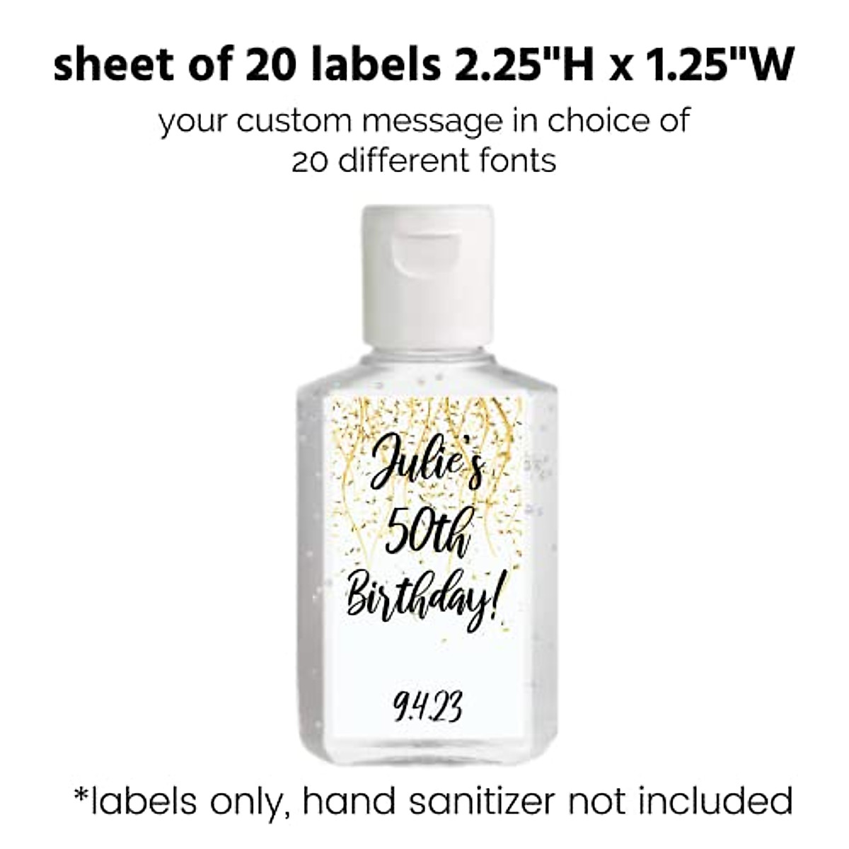 Sheet of 20 Custom Hand Sanitizer Labels | Personalized Stickers for Event Favors (Gold Confetti)