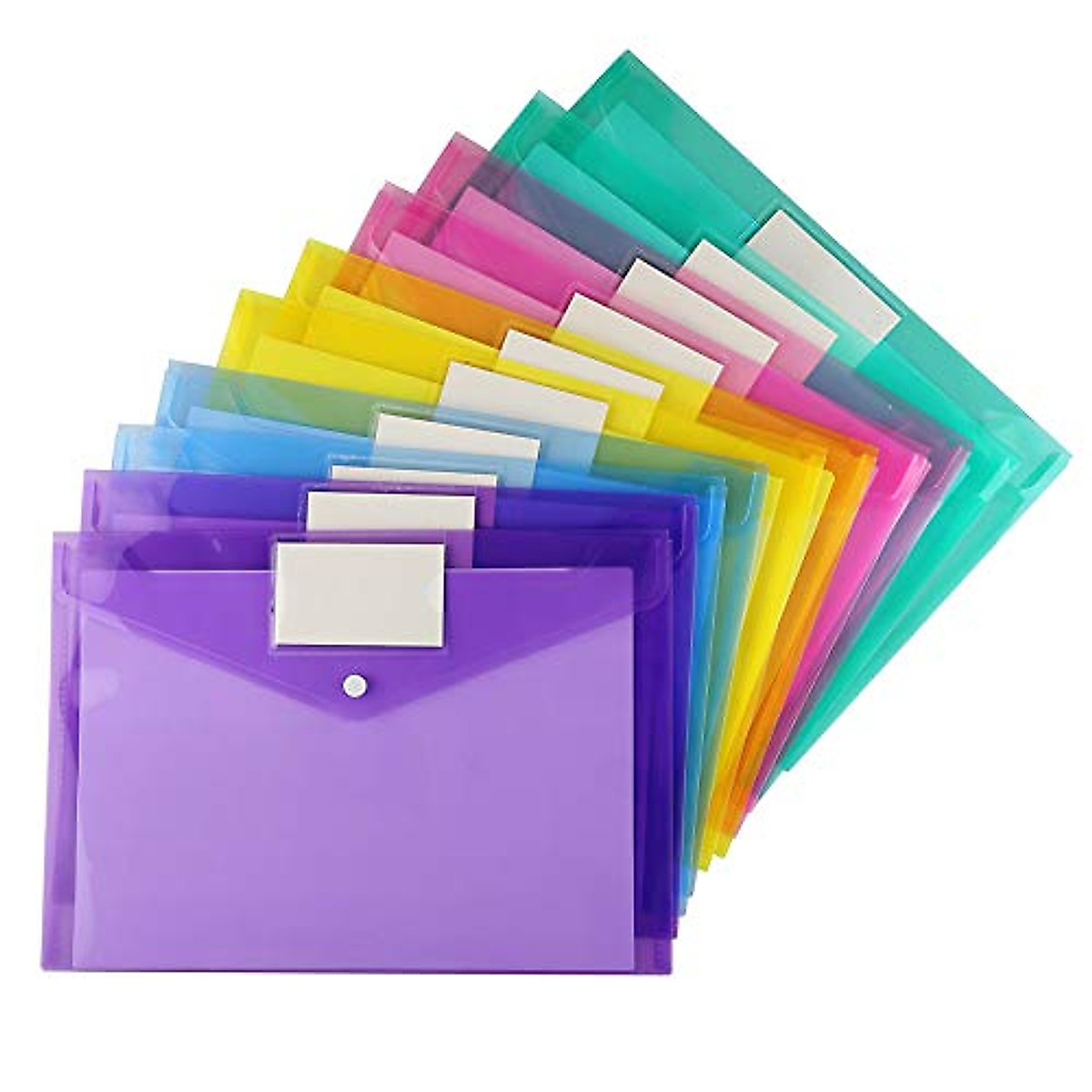 Sooez 10 Pack Plastic Envelopes Poly Envelopes, Clear Document Folders US Letter A4 Size File Envelopes with Label Pocket & Snap Button for Home Work Office Organization, 5 Assorted Colors