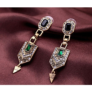 Gold Tone Art Deco Antique Vintage Flapper Jet Black Onyx Green Emerald Rhinestone Wedding Bridal Prom Long Dangle Earrings