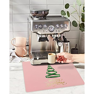LaBLUUX Coffee Mat for Counter, Winter Christmas Tree with Star Pink Absorbent Hide Stain Coffee Bar Mat, Non-Slip Coffee Bar Accessories Kitchen Drying Mat Fit Under Coffee Maker Espresso Machine
