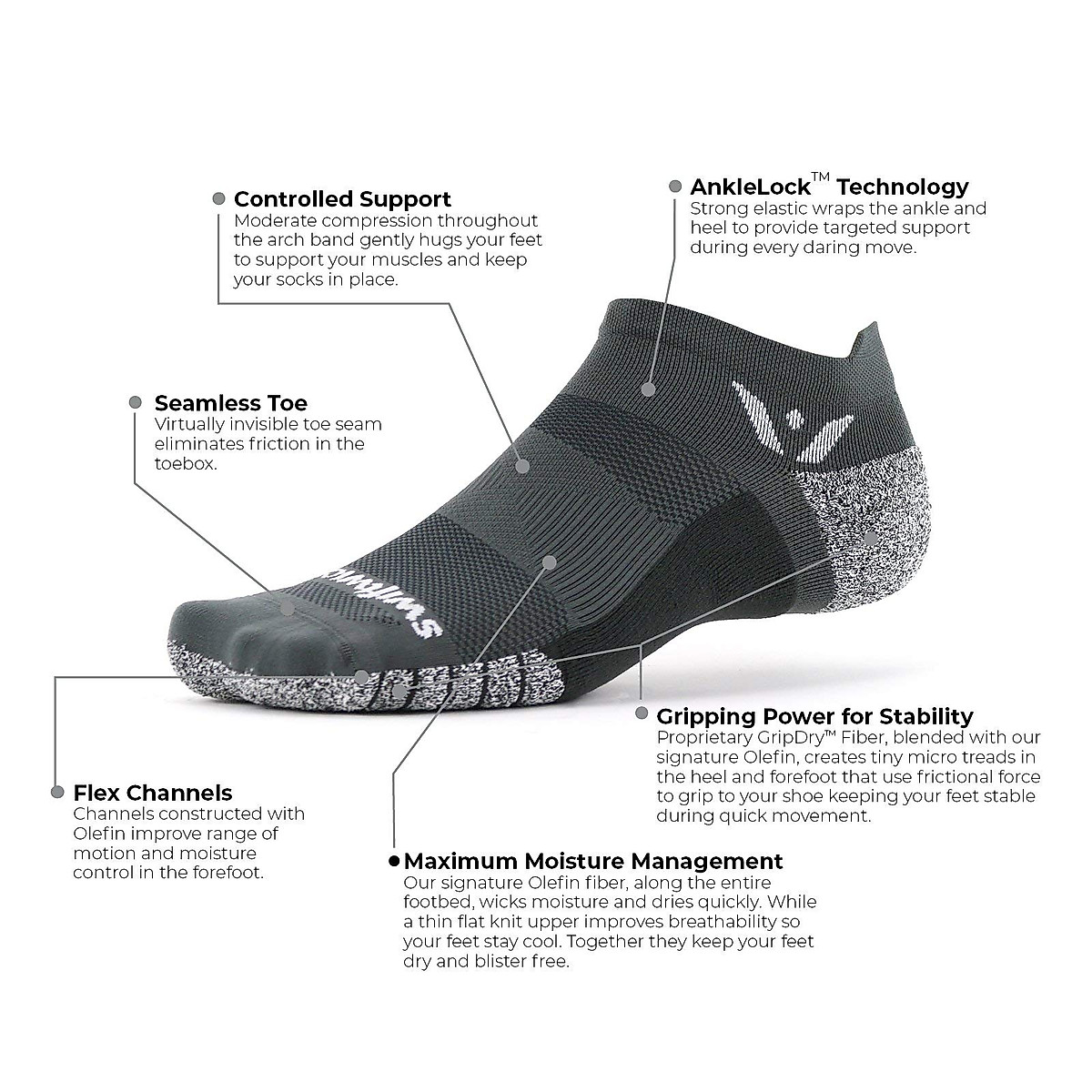 Swiftwick- FLITE XT ZERO Non-Slip Running Socks, Golf Socks, Ultimate Stability (Gray, Large)