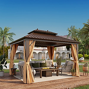 GAZEBEST 10' X 12' Permanent Hardtop Gazebo, Outdoor Galvanized Steel Double Roof Pavilion Pergola Canopy with Aluminum Frame and Privacy Curtains for Garden Patio,Patio Backyard,Deck and Lawns