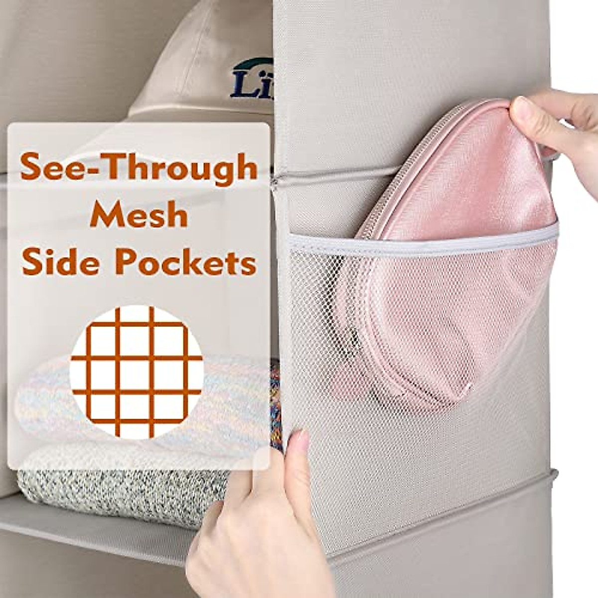 Vailando Hanging Closet Organizer 5-Shelf, Hanging Shelves for Closet with 4 Side Pockets, Linen, 11.8''W x 11.8''D x 47.2''H, Grey