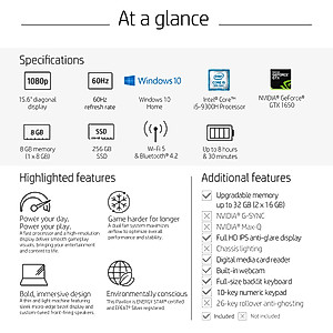 HP Pavilion Gaming 15.6-Inch Micro-EDGE Laptop, Intel Core i5-9300H Processor, NVIDIA GeForce GTX 1650 (4 GB), 8 GB SDRAM, 256 GB SSD, Windows 10 Home (15-dk0020nr, Shadow Black/Acid Green)