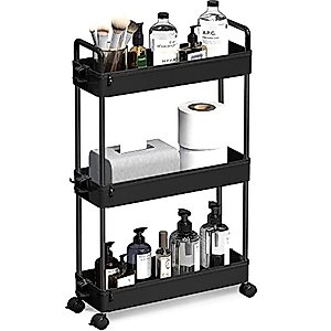 SOLEJAZZ Slim Storage Cart, 3 Tier Bathroom Cart Organizer Mobile Shelving Unit Rolling Utility Cart, Slide Out Organizer for Kitchen, Bathroom, Laundry, Narrow Places, Black