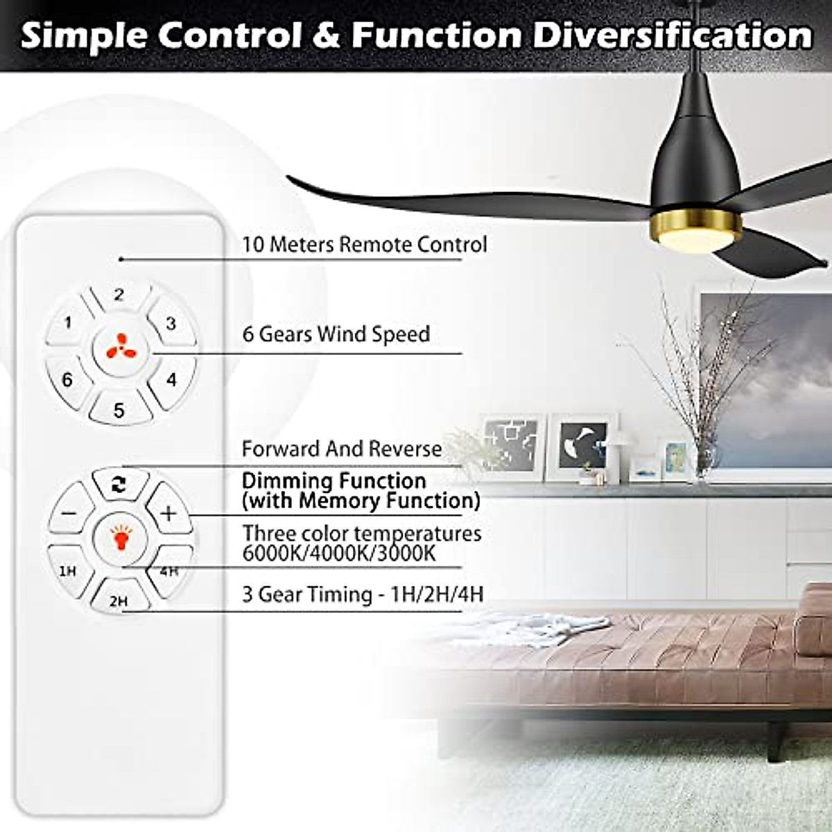 LEEAGLEGRY 52 Inch Black Ceiling Fan with Lights and Remote, Black and Gold Ceiling Fans with Dimmable LED Light, 3 Blade Modern Fan, Quiet DC Motor Tri-Color for Bedroom Living Dining Room