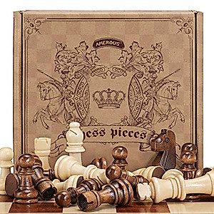 AMEROUS Wooden Chess Pieces Only, Staunton Style Wood Chessmen with 3.15" King - Storage Bag - Gift Packed Box, Tournament Chess Game Pawns for Replacement of Missing Pieces