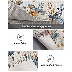 Thanksgiving Orange Blue White Pumpkins Hallway Runner Rug 2x6ft,Fall Eucalyptus Washable Woven Living Room Bedroom Kitchen Bathrom Carpet with Tassels Indoor Outdoor Throw Door Mat for Entryway