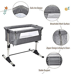 BABY JOY Baby Bedside Crib, Portable Travel Sleeper Bed Side Bassinet w/Carrying Bag, Newborn Bassinet to Infant, Kids Crib with Detachable Mattress, Height & Angle Adjustable, Breathable Mesh, Grey
