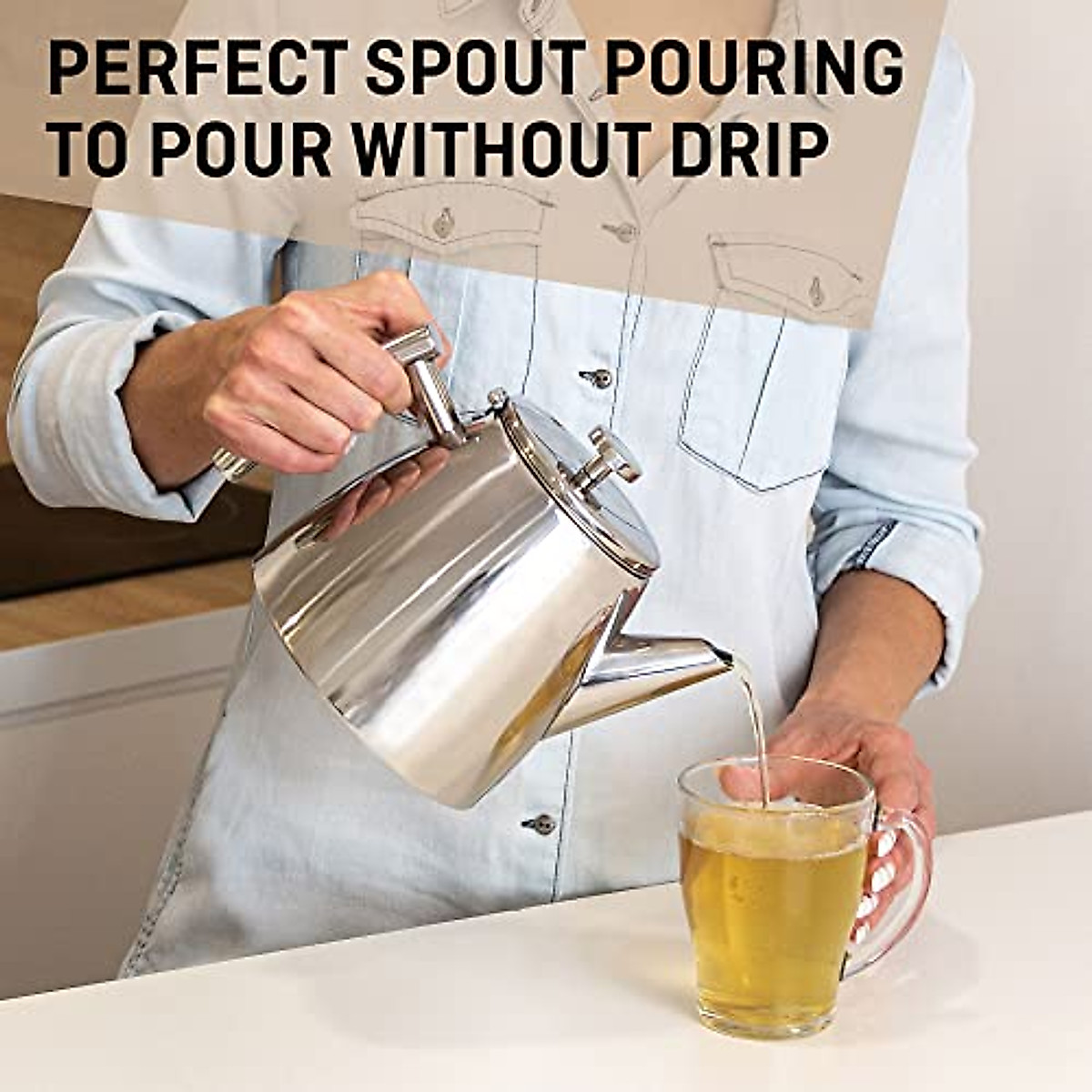 VeoHome Stainless Steel Tea Pot with Infuser - Keeps Heat Thanks to its Double Wall, Silver (1 Liter (34 oz))…