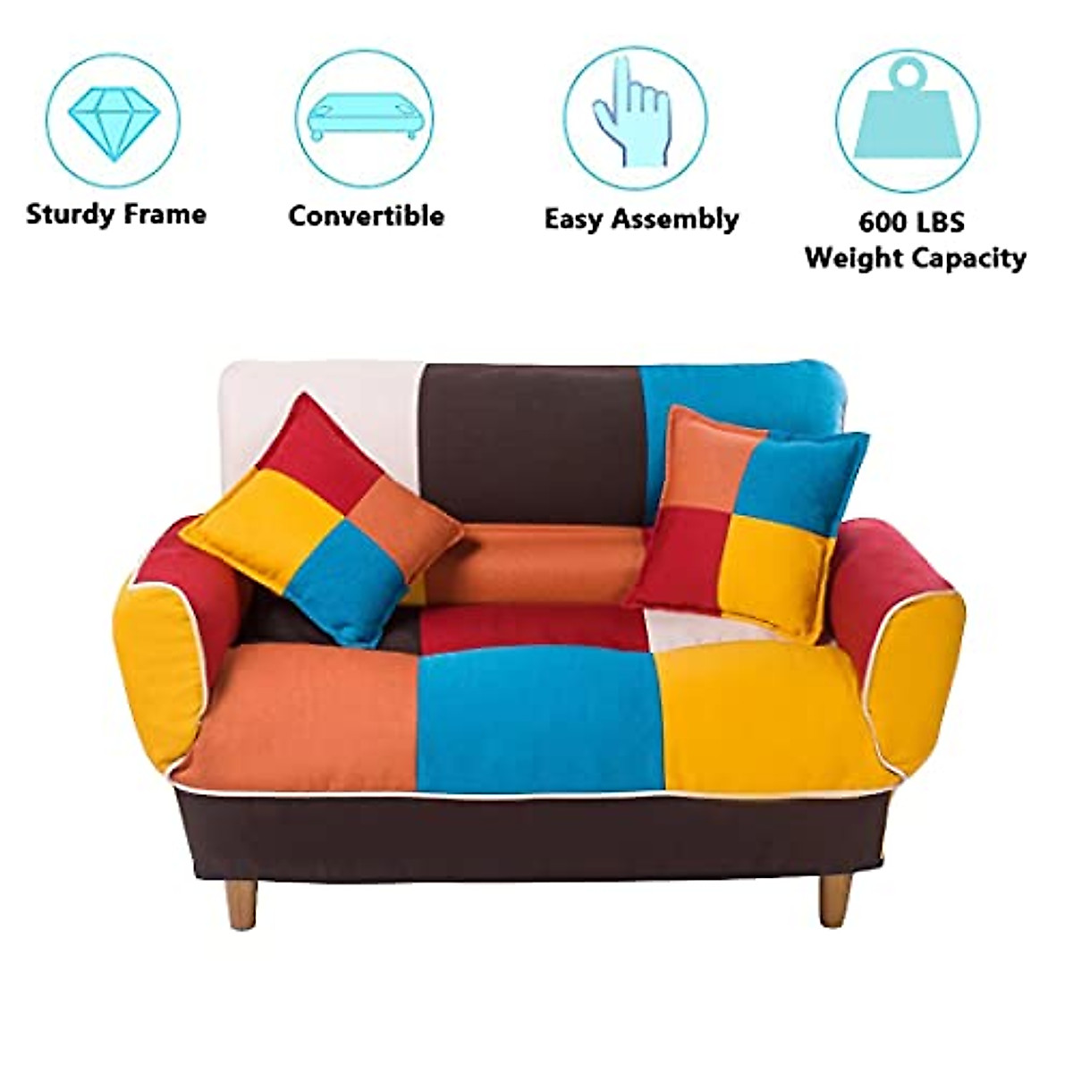 Convertible Futon Sofa Bed with 2 Pillows, Loveseat Sleeper Sofa Futon Couch, Recliner Couch with Adjustable Armrest and Wood Legs, Living Room Sofa with 3-Angle Backrest for Small Space (Colorful)
