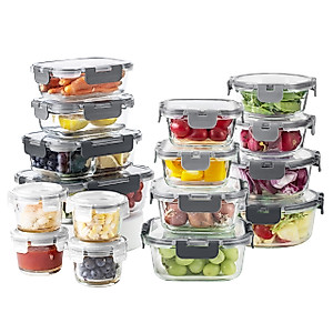 COOK WITH COLOR Premium 32-Pc. Borosilicate Glass Food Container Set with Dividers - 4 Rectangles, 8 Rounds, 4 Squares - Leakproof Lids - Meal Prep, Storage