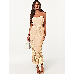 ANRABESS Women Ruched Bodycon Dress 2023 Summer Sexy Strapless Sleeveless Slit Party Cocktail Club Night Dresses Elagant Wedding Guest Evening Graduation Prom Dress 883qianxing-M Apricot