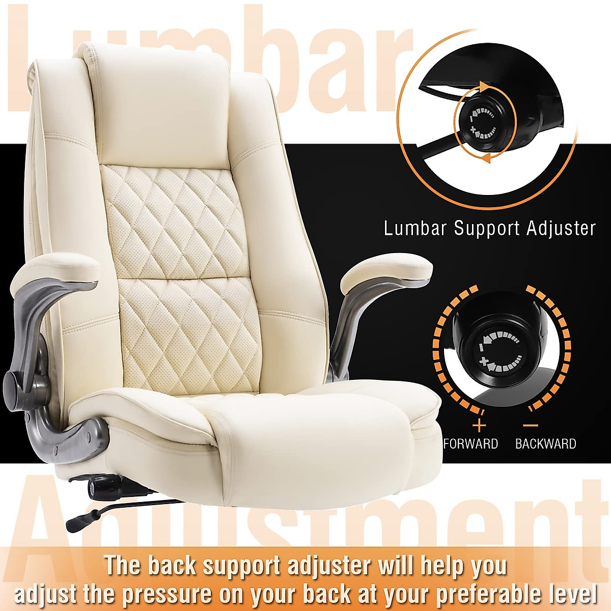 EZAKI High Back Office Chair-Flip-up Arms Executive Computer Desk Chair, Built-in Lumbar Support Thick Padded Adjustable Rock Tension Ergonomic Design for Back Pain (Beige)